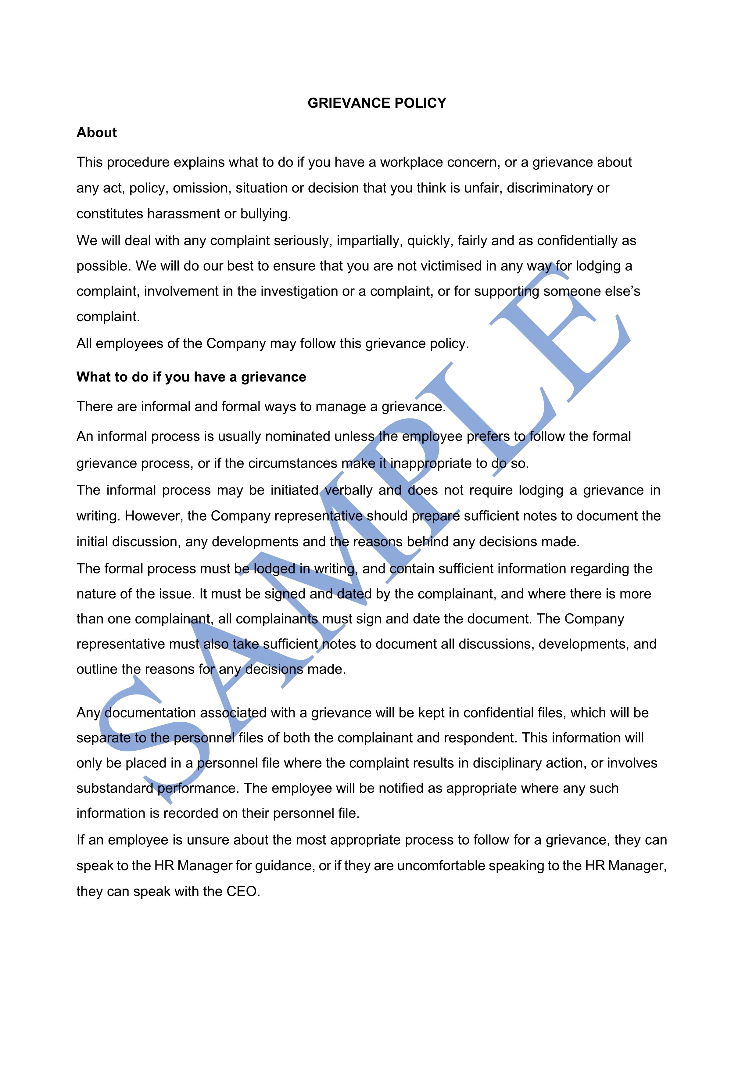 Grievance Policy Free Template Sample Lawpath
